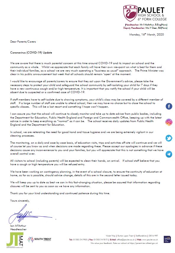 Coronavirus (Covid-19) Update – Letter to parents on 16.3.20 – Paulet ...