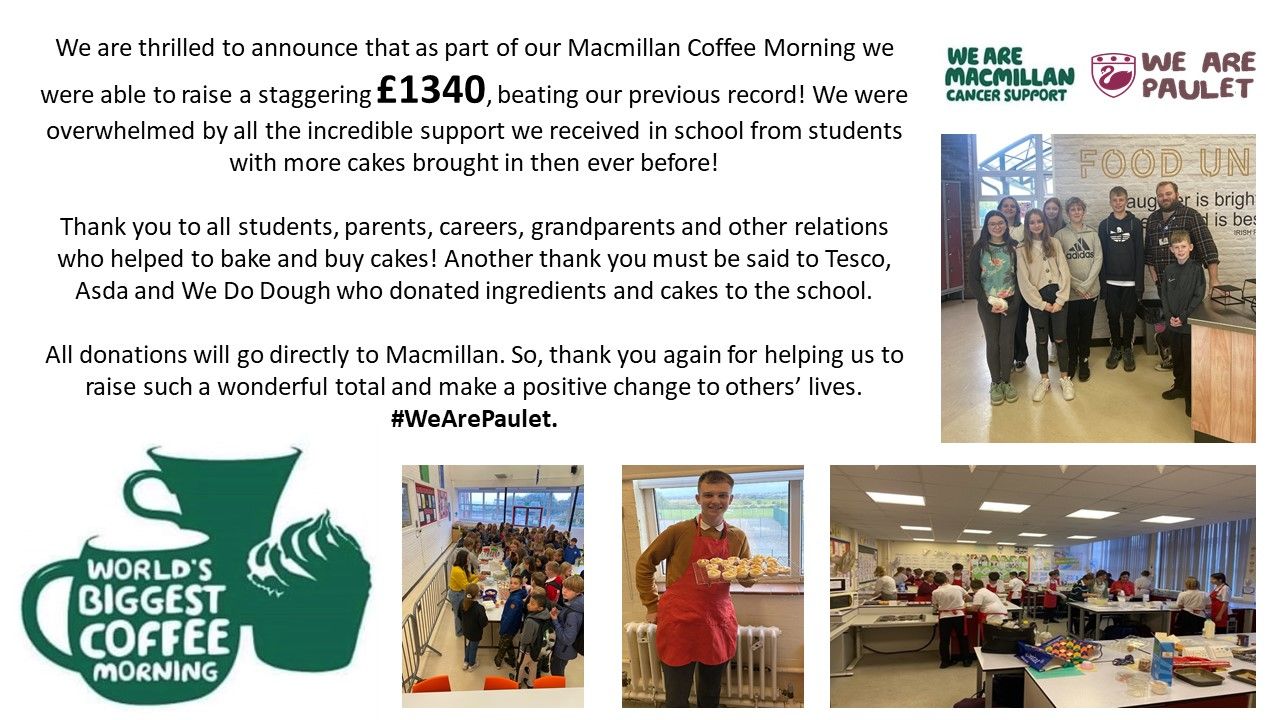 MacMillan coffee morning fundraising results – Paulet High School & 6th ...