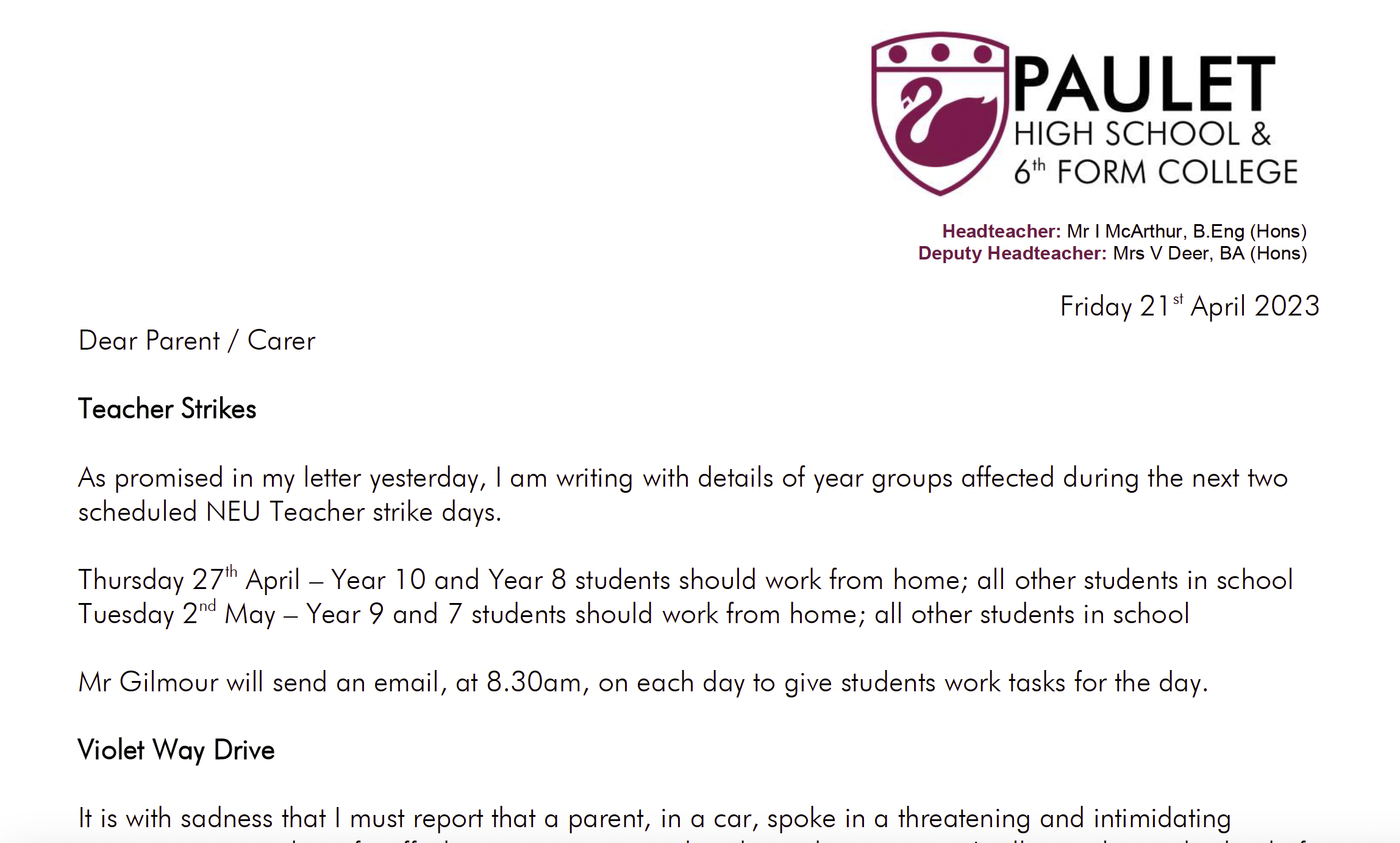 Letter to Parents 21-04-23 – Paulet High School & 6th Form College