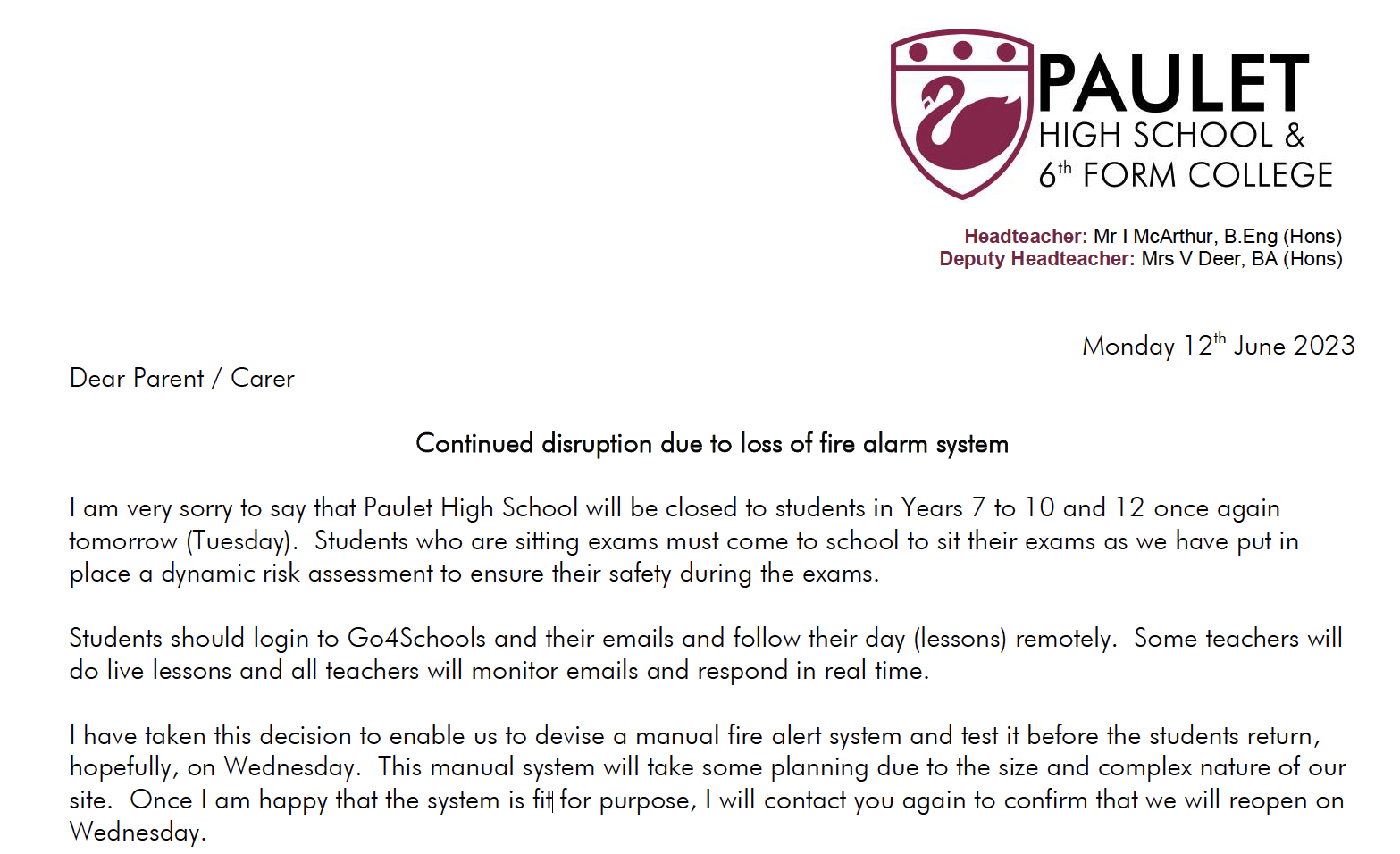 Letter to Parents 12-6-23 – Paulet High School & 6th Form College